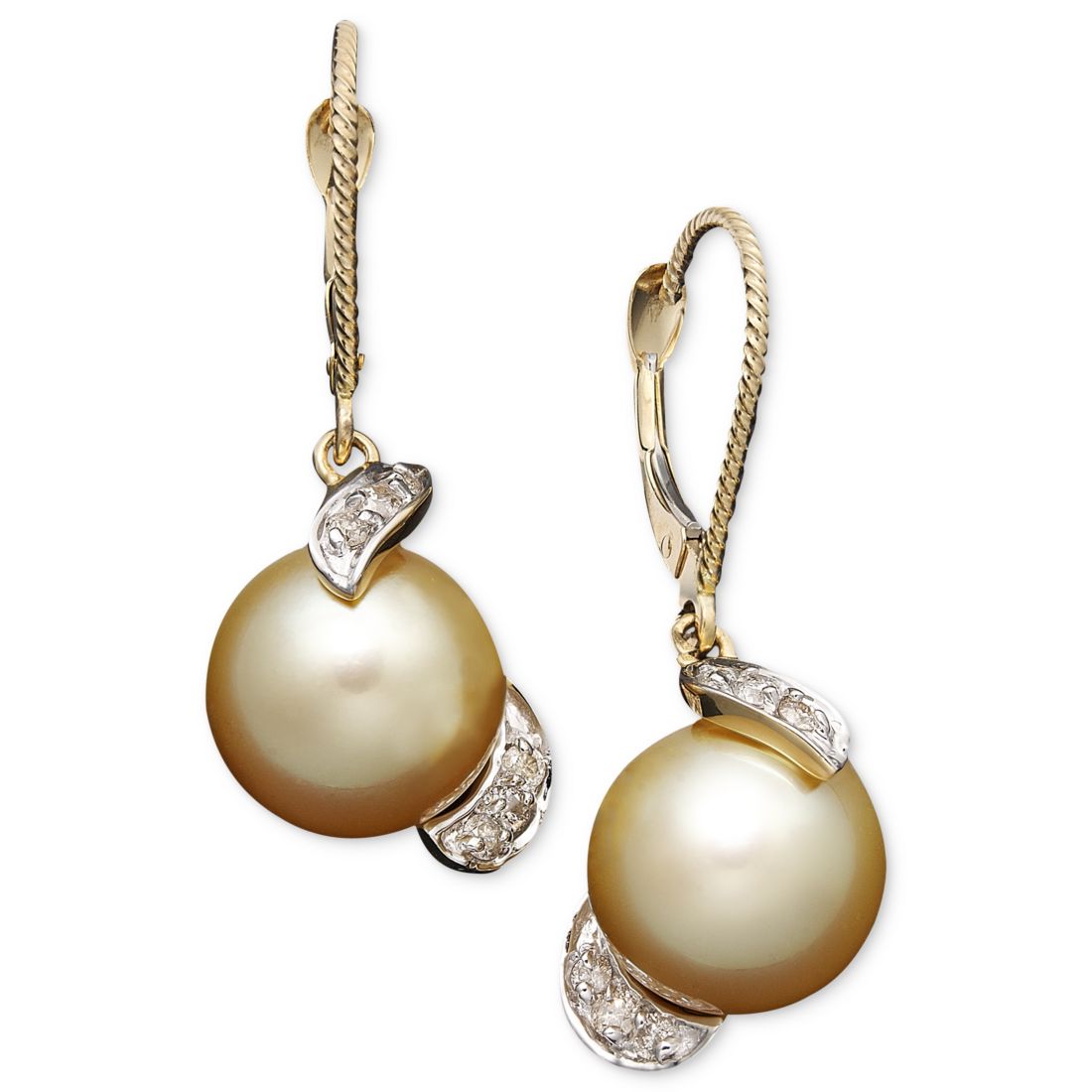 Macy s 14k Gold Earrings Cultured Golden South Sea Pearl 9mm and Diamond 1 5 ct. t.w. Drop Earrings available now at Wolfchase Galleria